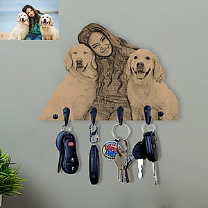 Personalized Photo Wooden Key Holder for Decorative Custom Key Rack Hanger for Wall with 4 Hooks for Keychain Rustic Home Decor Presonalized Gifts for Family Birthday Christmas Day