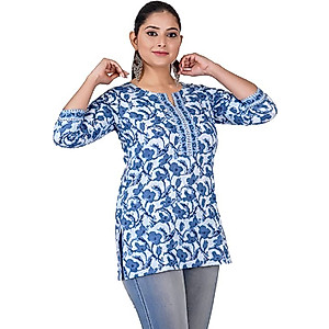 COTTON HTHRANG Indian Women's Tunics Tops, Cotton Hand Block Printed Short Kurti, Shirt, Blouse For Women Royal Blue