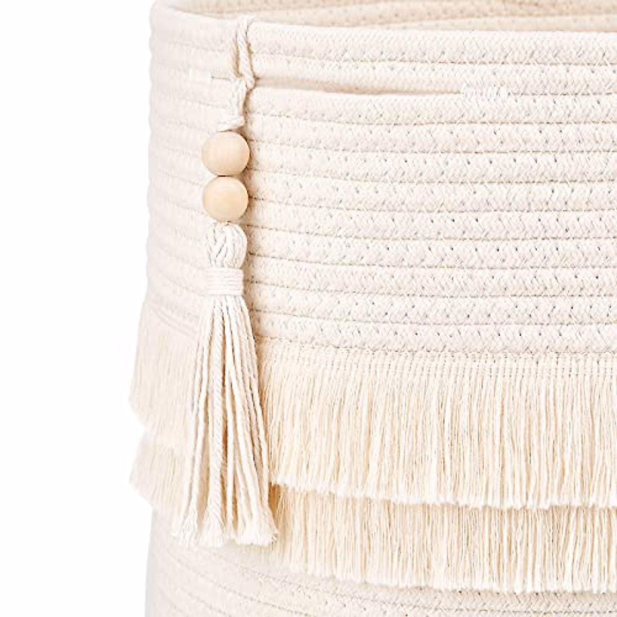 Dahey Macrame Decorative Cotton Rope Storage Basket Boho Nursery Decor Small Cute Woven Tassel Storage Bins Organizer with Wooden Bead for Baby Toys,blanket, Magazines, Living Room,Bedroom, 11"x11"