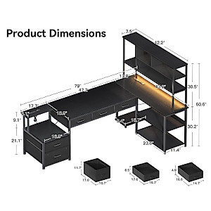 AODK 79 inch L Shaped Desk with File Drawers, Reversible L Shaped Gaming Desk with Power Outlets & LED Lights, Computer Desk with Storage Shelves for Home Office, Black