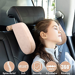 Spurtar Car Headrest Pillow, Road Pal Headrest Travel Pillow, Soft Velvet Adjustable Car Seat Headrest Pillow Head Neck Support, Memory Foam Headrest for Car, for Kids and Adults, Beige