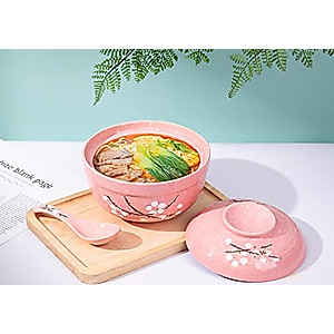 LLDAYU Japanese Creative Hand-Painted Ceramic Bowls with Soup Spoon, Large 27.5 OZ ramen bowls/Soup bowls,with Heat Preservation Function, and Suitable for Microwave Oven, and Dishwasher- pink