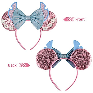 Seamoy Pink Stitch Headband, Minnie Ears, for Women Girls, One Size, Plastic, Nylon, Hairband, Unisex, 1 Count