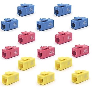 VCE CAT6 Keystone Coupler UL Listed 15-Pack, RJ45 Female to Female Insert Coupler UTP Ethernet Inline Coupler Blue+Red+Yellow
