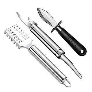 Shrimp Deveiner Tool, 3 in 1 Shrimp Peeler Pack of 3, Oyster Shucking Knife, Fish Scaler Remover, Stainless Steel Seafood tools Set, Home Kitchen Creative Tools, Silver