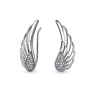 Trendy Crawler Spiritual Feather Guardian Angel Wing Ear Pin Climbers Earrings For Women Cubic Zirconia Pave CZ .925 Sterling Silver