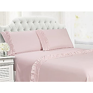 Swift Home Ultra-Soft Elegant 2-inch Ruffled Hem Design on Flat Sheet and Pillowcases, Wrinkle Resistant, Fade Resistant, Deep Pocket, Double Brushed 4-Piece Microfiber Sheet Set - Full, Rose Blush