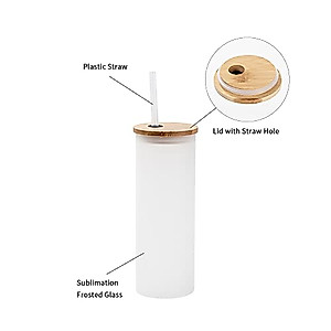 Sublifun 4 Pack Sublimation Glass Frosted Tumbler with Bamboo Lid and Straws 17 OZ 500 ML,Straight Sublimatin Skinny Drinking Glasses for Iced Coffee, Milk, Juice,Polymer Coating for Heat Transfer