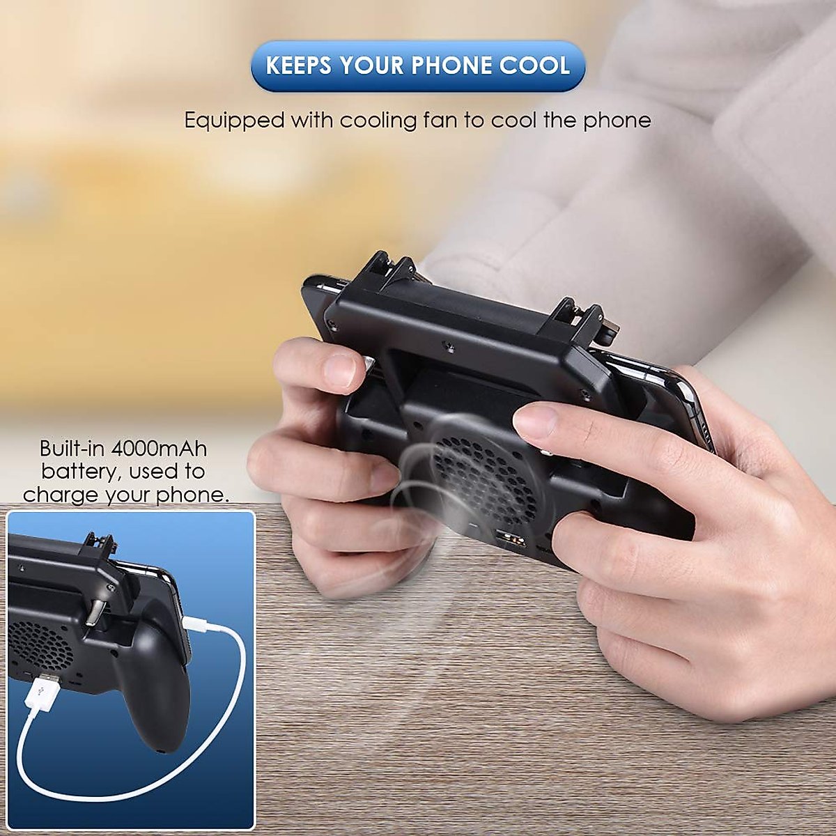 Qoosea Mobile Controller with 4000mAh Battery Power Bank Cooling Fan Mobile Controller L1R1 Game Trigger Joystick Gamepad Grip Remote for PUBG/Knives Out/Free Fire for Android iOS Phone 4.5-6.5"