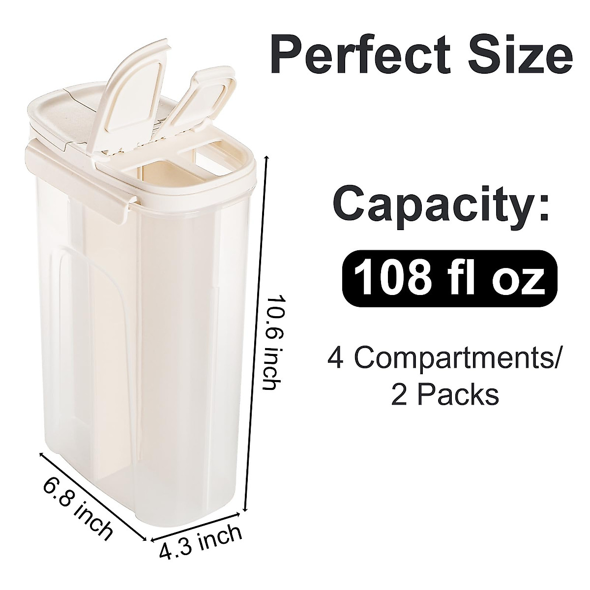 ZENFUN 2 Packs Airtight Pasta Containers, 108 FL OZ Plastic Storage Jars Canisters with 4 Compartments, Cereal Spaghetti Container Storage for Pantry, Grain, Noodles, Beans