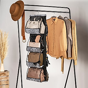 CLOZZERS 8 Pocket Hanging Purse Organizer for Closet, Handbag Storage with Clear Vinyl Pockets. Diamond Print Beige