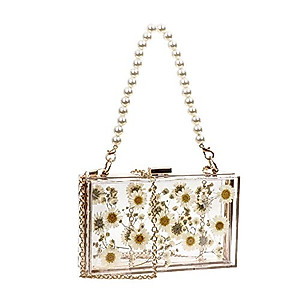 YUSHINY Women Acrylic Clear Clutch Transparent Purse True Flower Inlay with Removable Pearl Strap (Daisy)