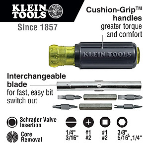 Klein Tools 32527 Multi-Bit Screwdriver / Nut Driver, 11-in-1 with Phillips, Slotted, Square, and Schrader Bits and Nut Drivers