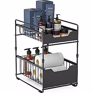 junyuan Under Sink Organizers And Storage With Sliding Storage Drawer,2-Tier Cabinet Organizer Shelf for Kitchen,Bathroom,Office,Countertop Stackable Storage Basket (black)