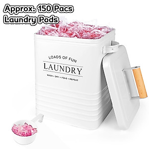 Metal Laundry Powder Detergent Container for Laundry Room Organization and Storage, Large Airtight Laundry Soap Dispenser with Scoop and Handles, Modern Farmhouse Laundry Pods Container, White