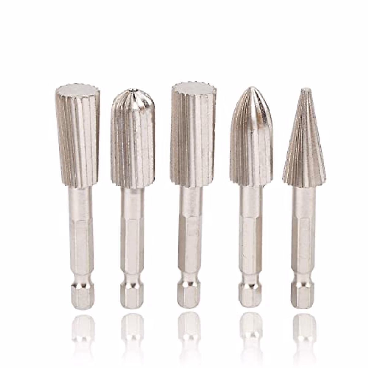 Wisoqu 5Pcs Rotary File Cutting Burrs,14in Hex Shank Double Cut Metal Grinder Drill Bit Set High Speed Steel Rotary File Set,for Carving Polishing