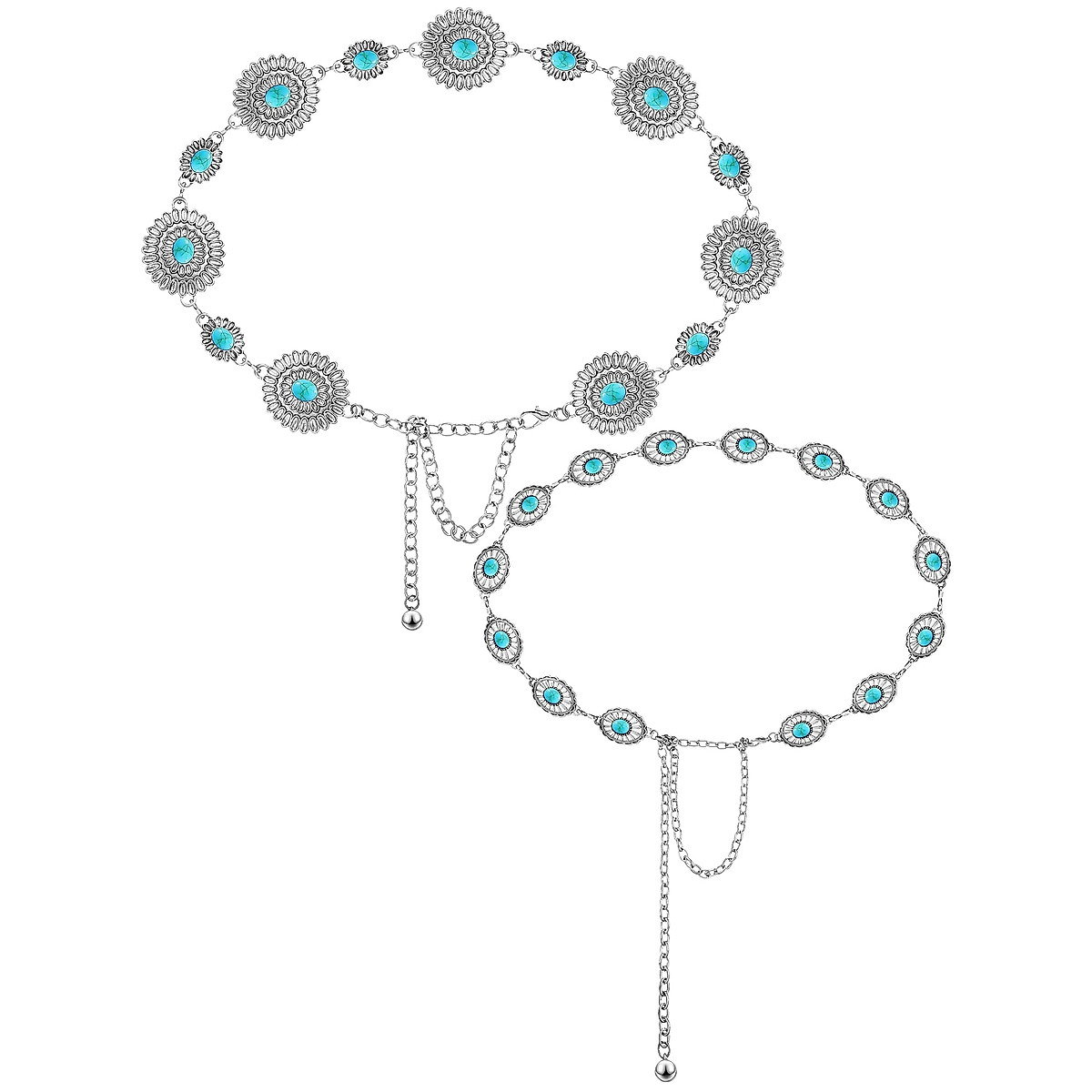 Epakh Turquoise Chain Belt Western Concho Belts for Women Silver Oval Belt Adjustable Metal Waist Belts for Dresses, One Size(Classic Style, 2 Pieces)
