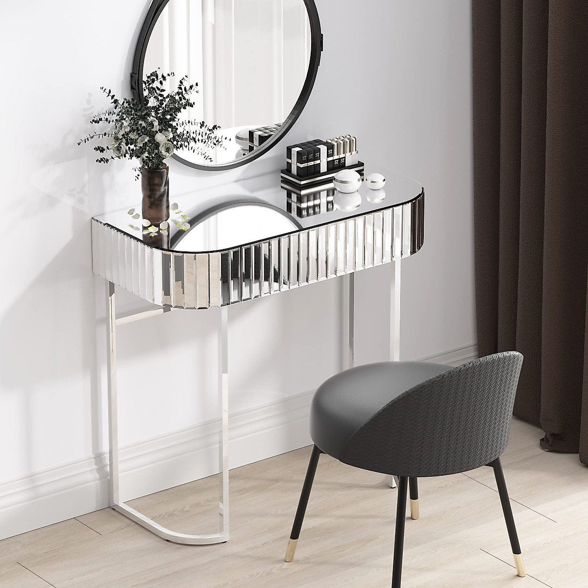 intahic Mirrored Dressing Table Makeup Vanity Table Mirrored Console Table Stainless Steel Base Frame with 1 Drawer for Women Home Office Desk bedroom furniture (A-mirrored)