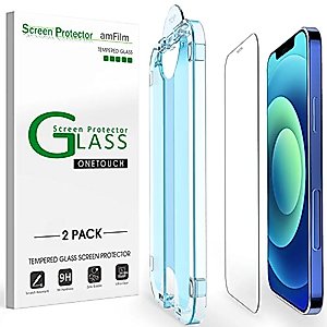 amFilm OneTouch Glass Screen Protector for iPhone 12 6.1"/ iPhone 12 Pro 6.1" with Easy Installation Kit, Tempered Glass, 2 Pack