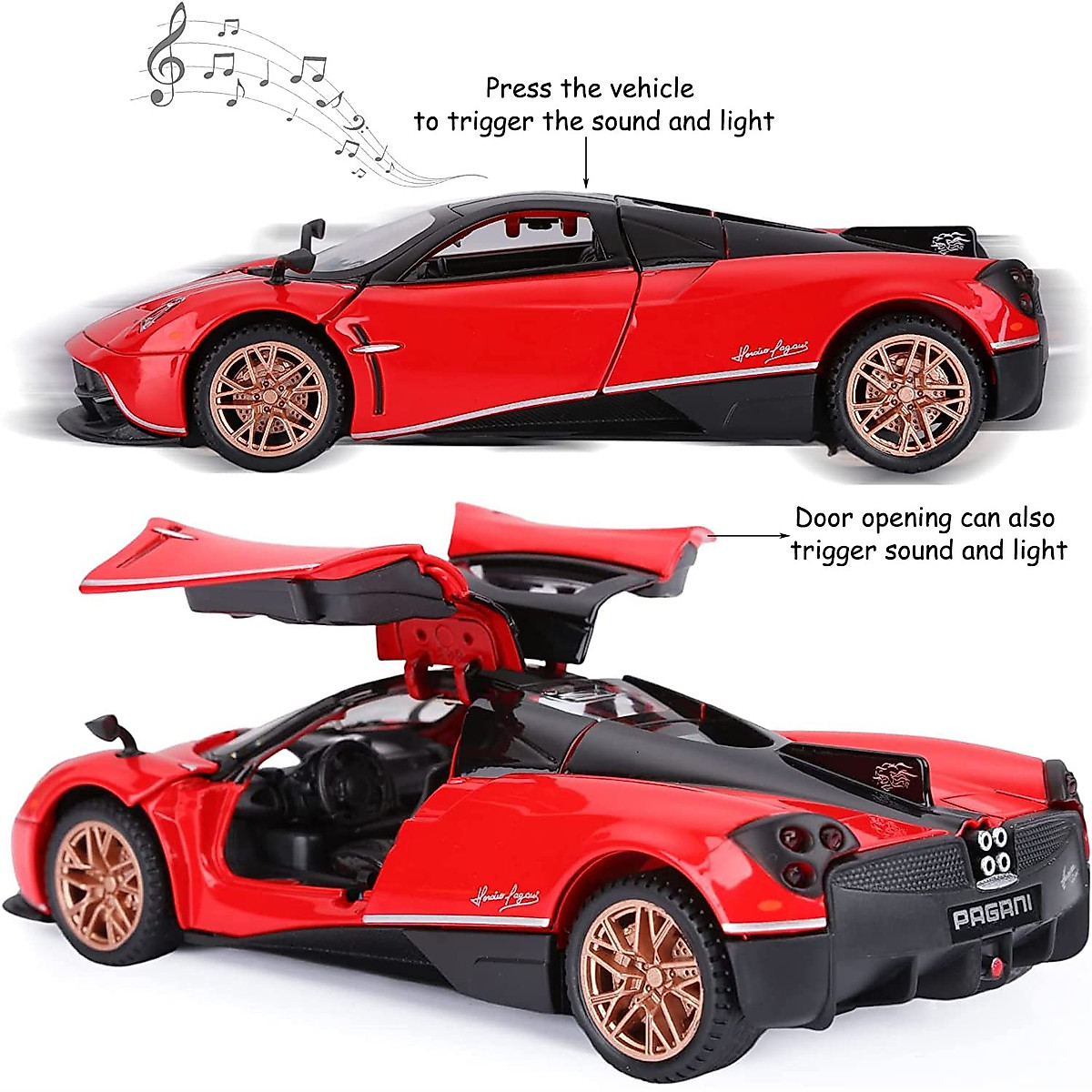 iPariser Alloy Collectible Red Pagani Huayra Dinastia Toy Vehicle Pull Back Die-Cast Car Model with Lights and Sounds