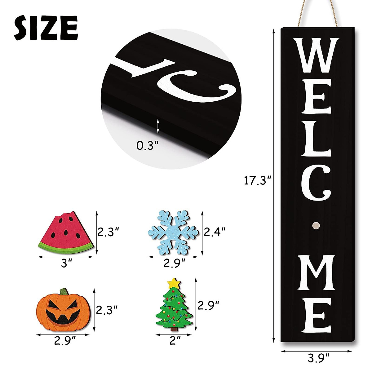 Interchangeable Holiday Mini Welcome Door Sign Wooden Indoor Outdoor Hanger with 15 Pcs Seasonal Replaceable Ornaments Rustic Farmhouse Porch Sign Home Decoration Ideas Black