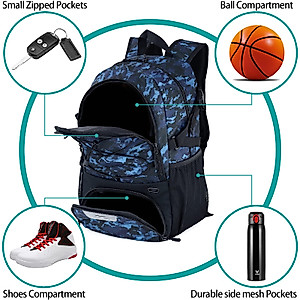 WOLT | Basketball Equipment Backpack, Large Sports Bag with Separate Ball Holder & Shoes Compartment, Best for Basketball, Soccer, Volleyball,Gym,Travel(Camouflage Blue)