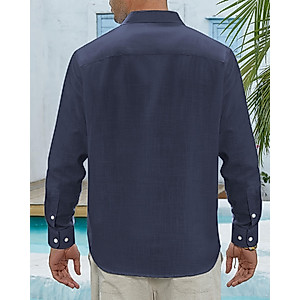 J.VER Men's Casual Button Up Linen Shirts Solid Long Sleeve Work Shirt Loose Fit Vacation Shirts with Pocket Navy Blue X-Large