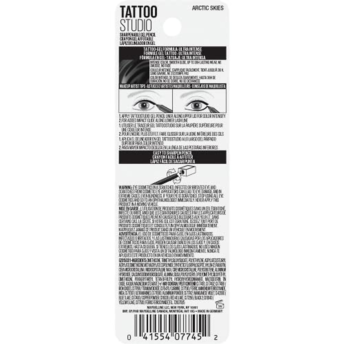 Maybelline New York Tattoo Studio Long-Lasting Sharpenable Eyeliner Pencil, Glide on Smooth Gel Pigments with 36 Hour Wear, Waterproof, Arctic Skies, 0.04 oz