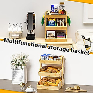 Gmtsl Bamboo Fruit Basket – 3 Tier Fruit Bowl For Kitchen Counter, Large Capacity Fruit Holder With 2 Banana Hangers, Idea For Fruit and Vegetable Storage, Bread Basket, Snack Organizer(BAMBOO)