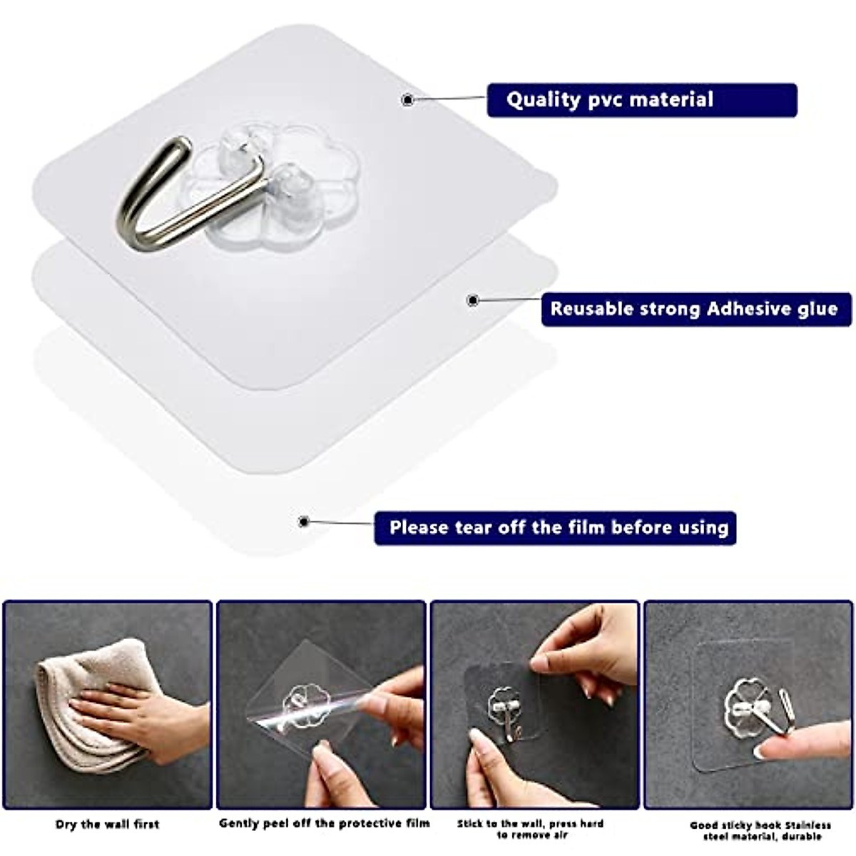 WeiMoShangMao Adhesive Hook Transparent Waterproof Rustproof Wall Hook Hanging Heavy Duty Stainless Steel Reusable Utility Hook Kitchen Bathroom Ceiling Office Window Waterproof Home Essentials