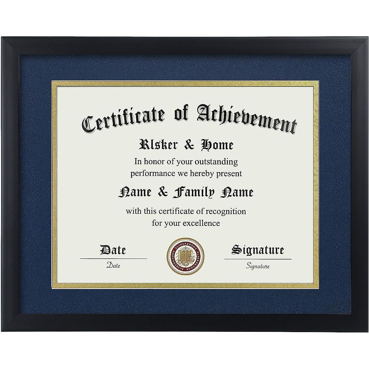 ELSKER&HOME 8.5x11 Certificate Frame with Blue Mat- Classic Black Color Frame - Displays Diploma 8.5x11 Inch with Mat - 11x14 Inch Without Mat - For Document/Photo(Double Mat Blue with Gold Rim)