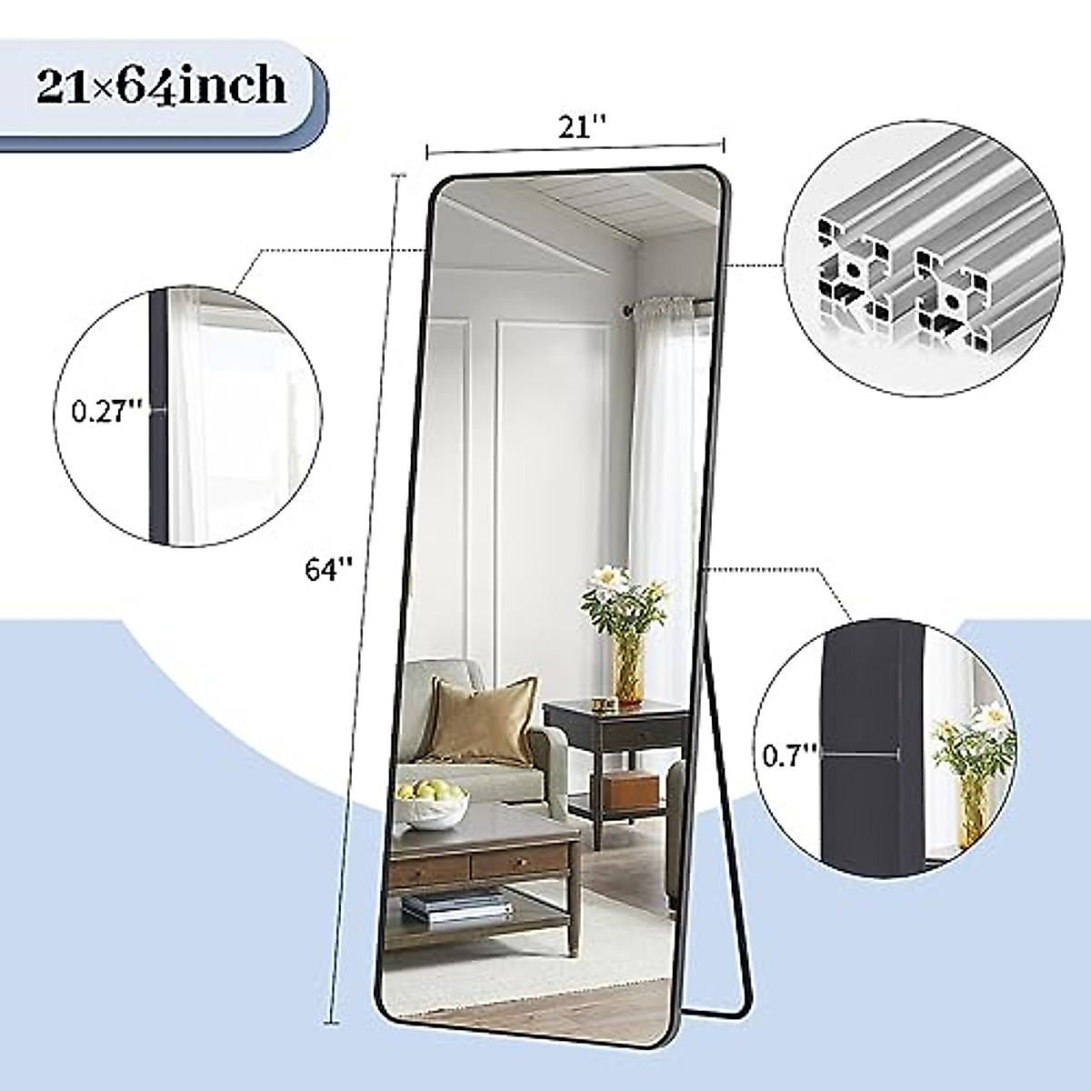 BEAUTYPEAK Black Full Length Mirror, 65"x22" Rounded Corner Floor Mirror Standing Hanging or Leaning Against Wall Dressing Room Mirror Full Length