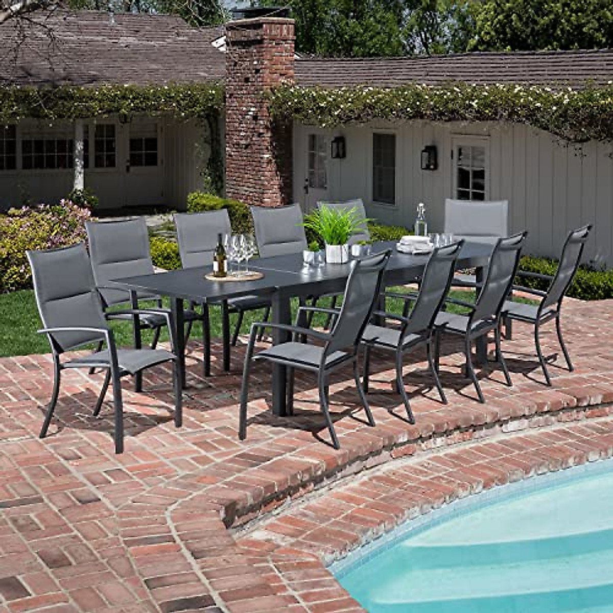 Hanover Naples 11-Piece Patio Dining Set with Rust-Free Aluminum 40" x 118" Expanding Rectangular Dining Table with 10 High-Back Stackable Sling Chairs