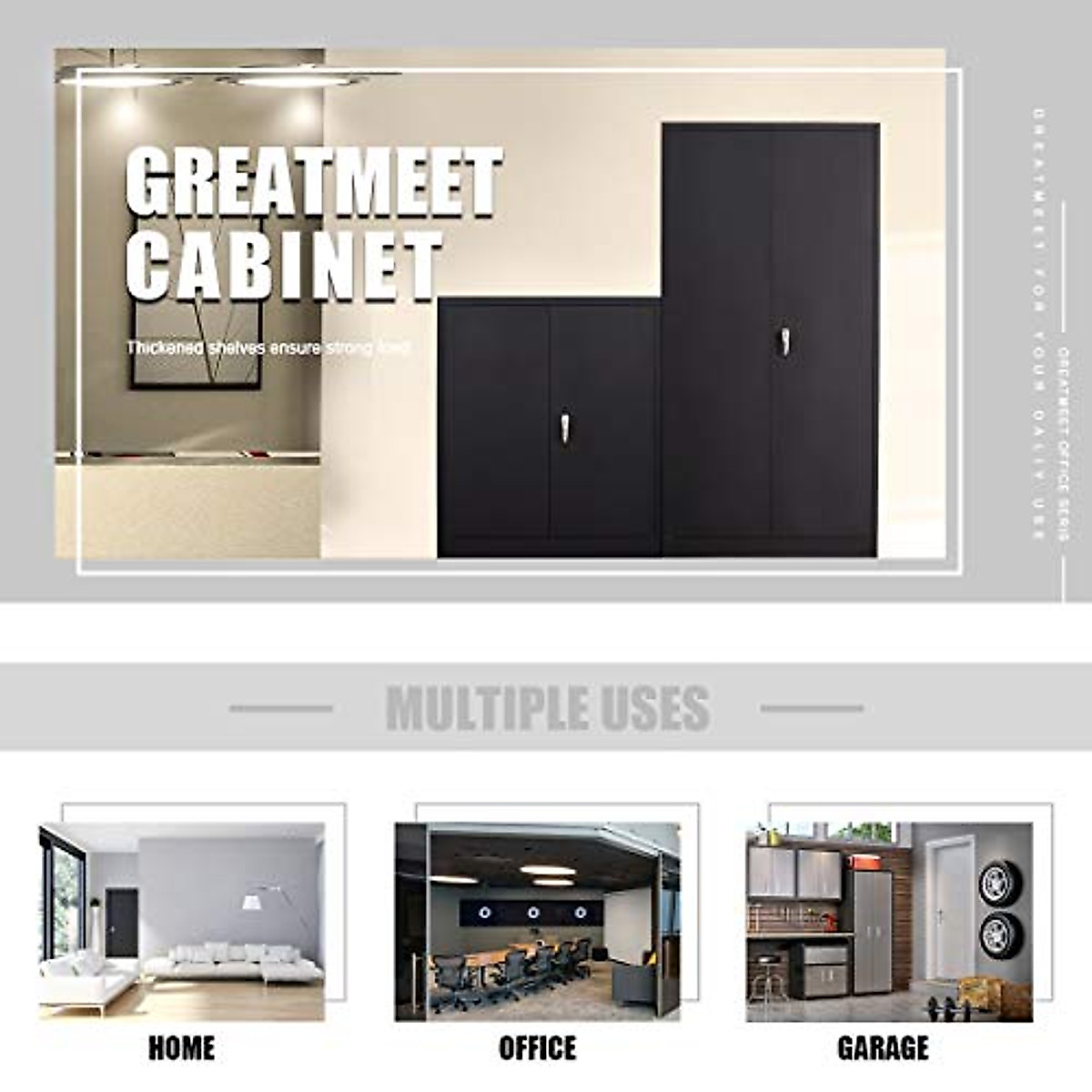 GREATMEET Metal Storage Cabinet with Lockable Doors and 2 Adjustable Shelves,Locking Steel Counter Cabinet for Home Office 120lbs Capacity per Shelf 41.6" H x 36" W x 18" D (Black)