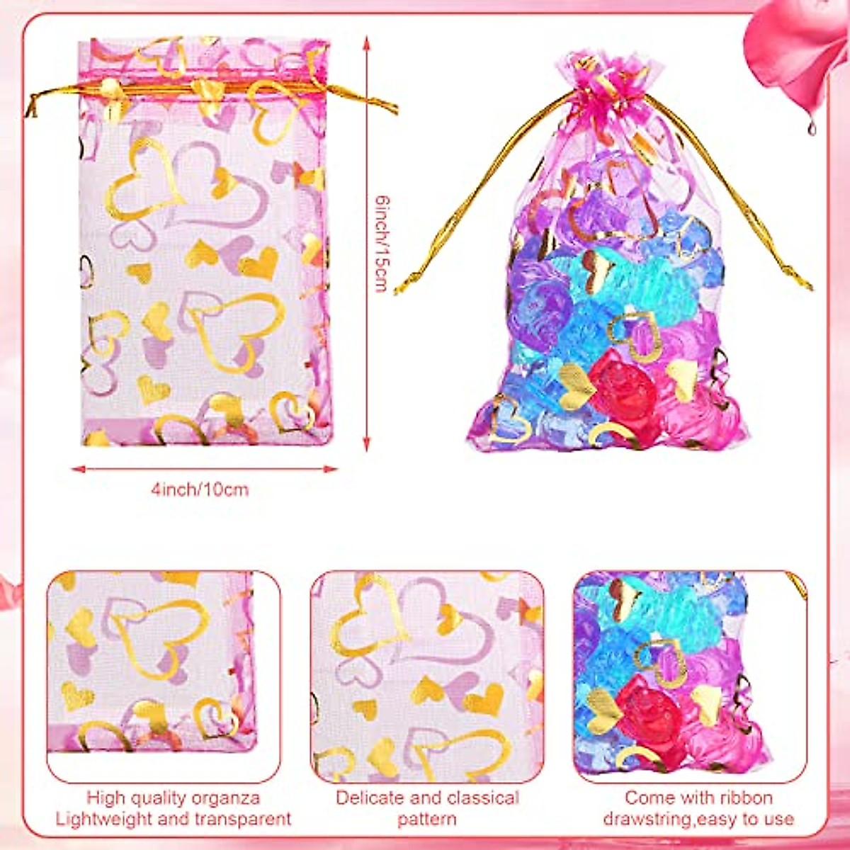 200 Pcs Organza Bag 4 x 6 Inch Small Organza Jewelry Bags Sheer Heart Organza Bags with Drawstring Party Favor Mini Mesh Pouch for Wedding Baby Shower Christmas Valentine Party Gift, 10 Colors