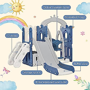 Virubi 5-in-1 Slide with Swing Set, Freestanding Baby Slide Set with Climber, Basketball Hoop and Storage Space, Slide & Swing Playset for Toddlers Age 1+ Outdoor Indoor Playground (Blue & White)