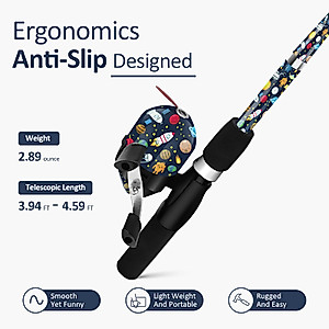 QudraKast Kids Fishing Poles for Boys Girls Under 10, Portable Telescopic Fishing Rod and Reel Combo kit with Spincast Fishing Reel Tackle Box, Universe Travel Pattern