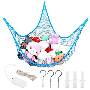 Corner Stuffed Toy Hammock with LED Light, Corner Plush Toy Net Holder, Stuffed Animals Hanging Storage Net, Hanging Toy Net Hammock for Nursery Play Room Bedroom(Blue)