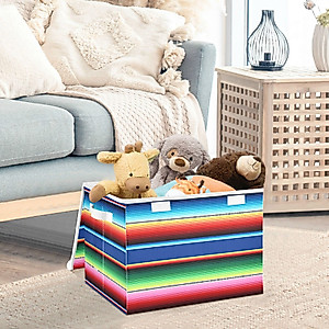 Moudou Mexican Serape Blanket Stripes Storage Basket with Lid, Large Collapsible Cube Storage Bin for Closet, Office, Nursery, Home Decor, 16.5 x 12.6 x 11.8 Inch