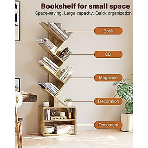 SUNMORY 6 Tier Tree Bookshelf, Small Bookcase with Storage Cabinet, Modern Tall Narrow Bookshelves Organizer, Floor Standing Book Shelf for Bedroom/Living Room/Home Office/Corner, Rustic Brown