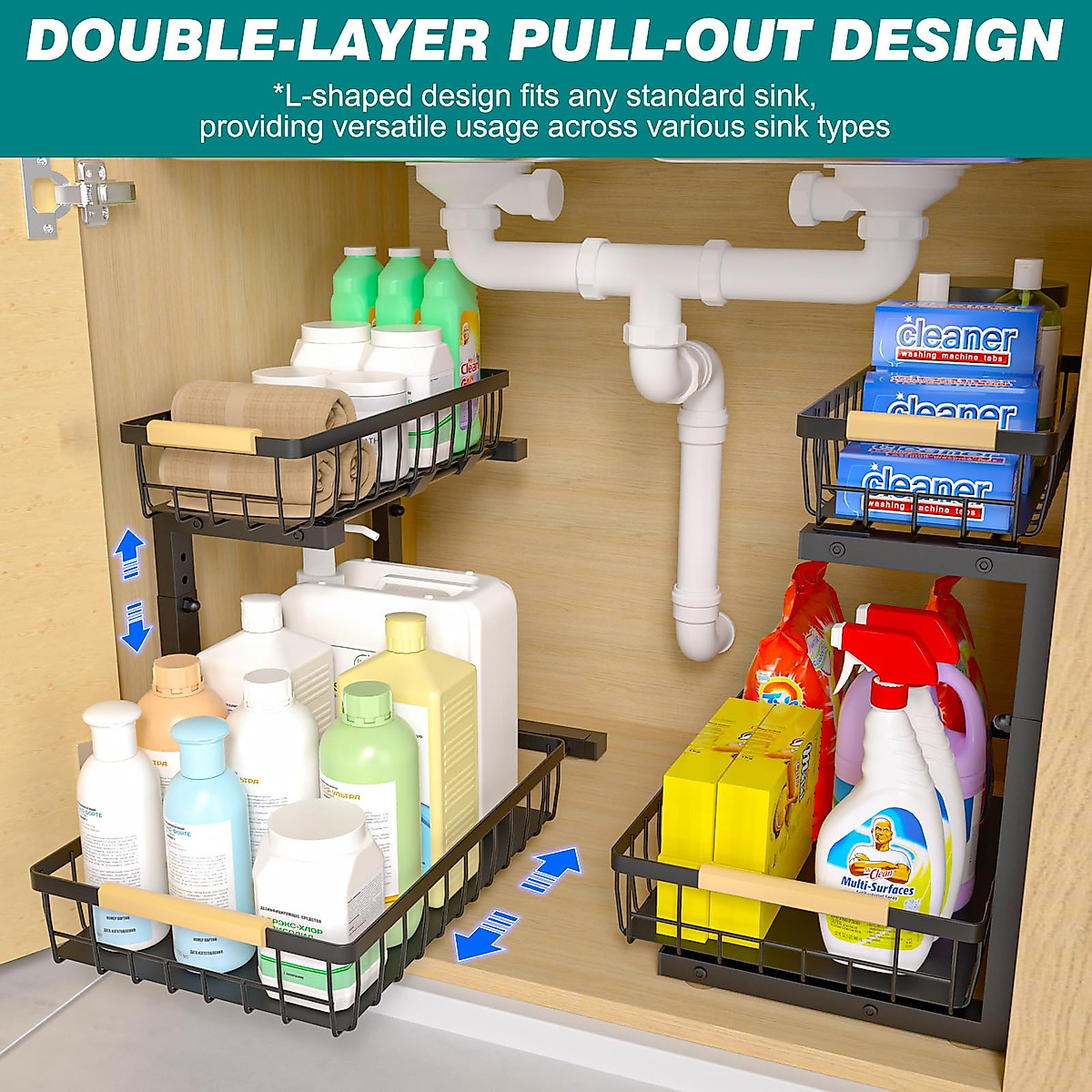 Under Sink Organizer and Storage 2 Pack Height Adjustable Pull Out Cabinet Drawers Organizer 2 Tier Metal Slide Out Sink Shelf Cabinet Storage Shelves for Kitchen Bathroom Cabinet, Black