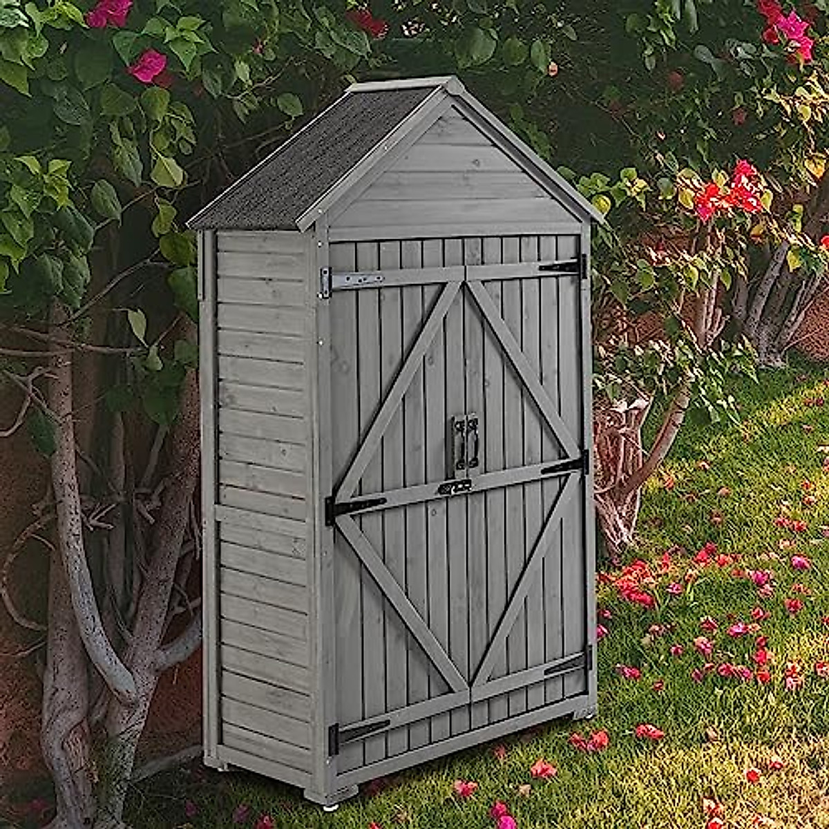nifoti Outdoor Tool Shed Wooden Storage Cabinet,2-Door Garden Shed with 3 Detachable Shelves and Locking Latch,Outdoor Shed Box with Pitched Roof for Garden,Backyard,Manor (Grey)