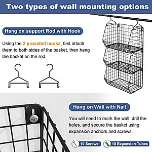 HYPIGO 5-Tier Closet Organizer Wire Hanging Shelves, Wire Basket and Metal Storage Bin with 2 Hooks, Multi-Purpose for Closet, Laundry Room, and Kitchen Organization(Black)