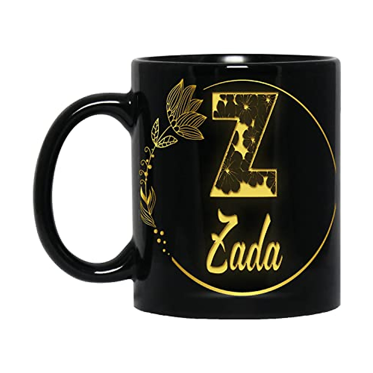 Coffee Mug Personalized Zada Name & Initial Letter Monogram Floral Alphabet Mug Golden Flowers Custom Black Coffee Cup, Gift for Her Mom Coworker Sister, Wife, Girl 11oz Black Mug 189043