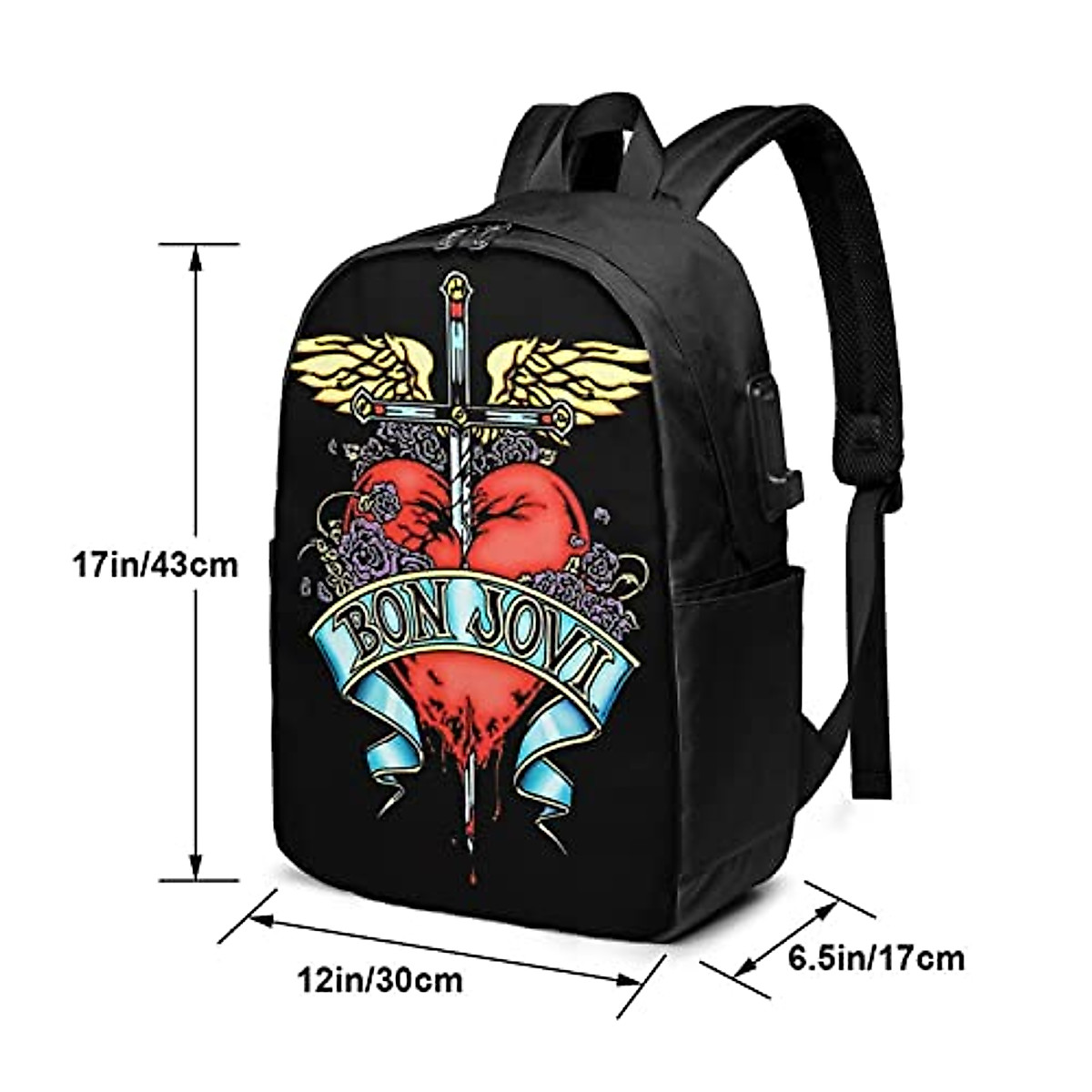 Bon Rock Band Jovi Travel Laptop Backpack, Business Anti Theft Durable Backpack With USB Charging/Headphone Port Daypack College School Computer Bag Gifts for Men & Women Fits 17x 12 x 6.5 Inch Bookbag