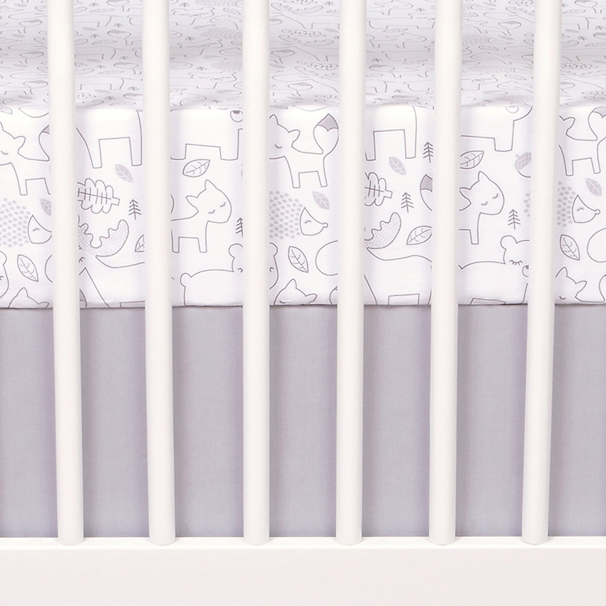 Trend Lab Modern Baby Crib Bedding Set for Boys or Girls | Simple Forest 4 Piece Nursery Décor Quilt, 2 Fitted Crib Sheets, and Dust Ruffle Skirt - Grey, 80025