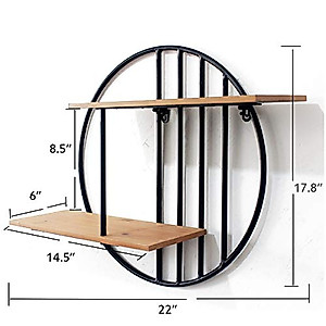 Funerom Rustic Wood and Metal Wall Mounted Floating Shelves Decorative Round Wall Shelf for Living Room, Bathroom, Kitchen