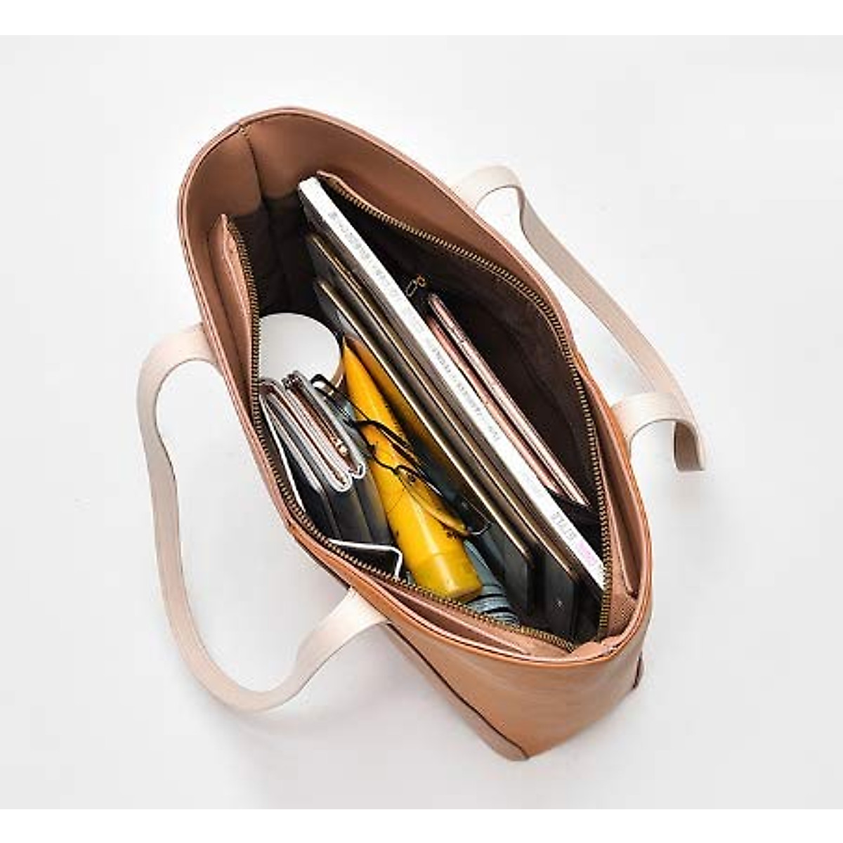 Women Handbag Genuine Leather Satchel Purse Handbag Vintage Top Handle Handbag Work Tote Bag (Khaki&Brown)