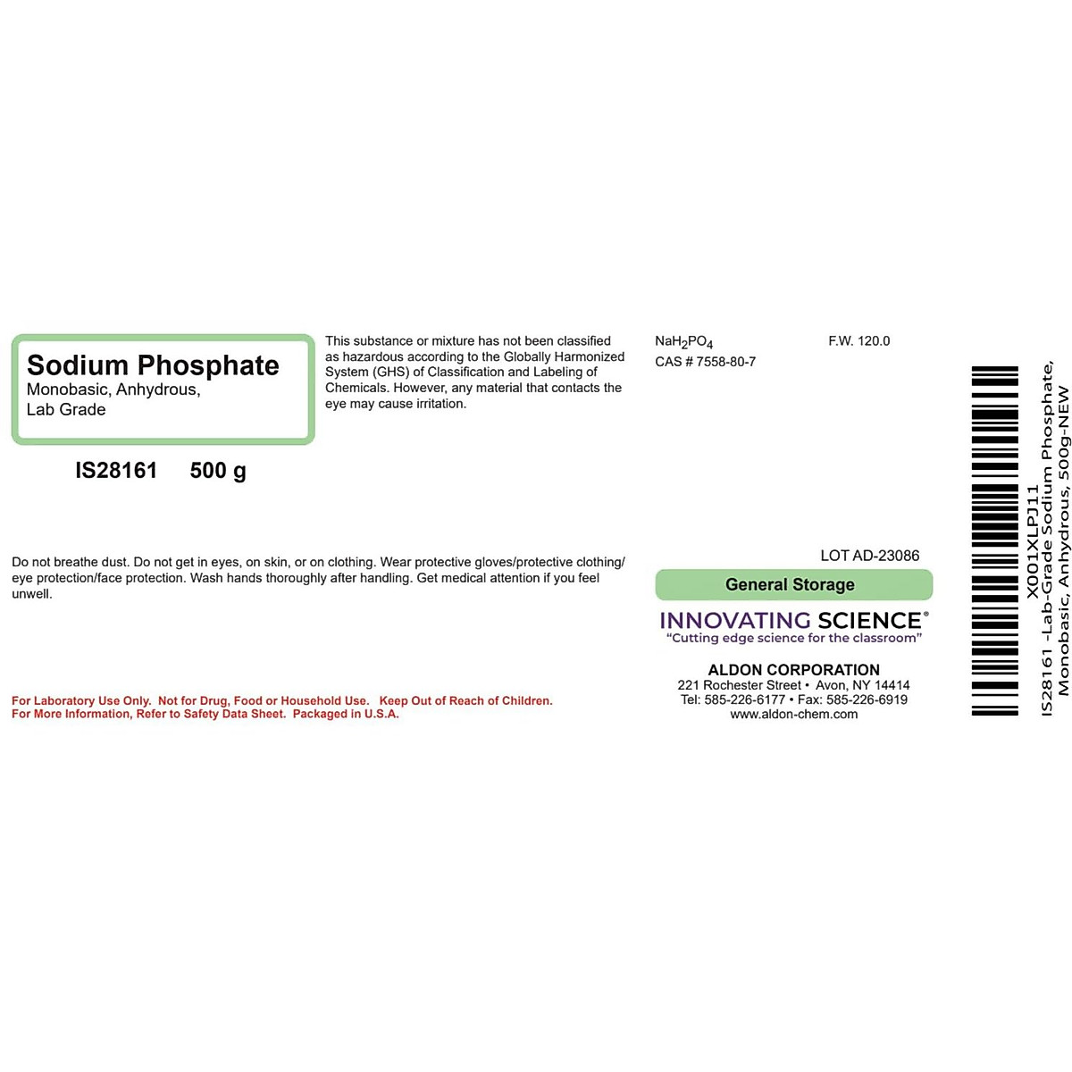 ALDON Innovating Science Laboratory-Grade Sodium Phosphate, Monobasic, Anhydrous, 500g - The Curated Chemical Collection