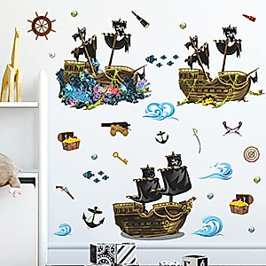 4 Sheet Pirate Ship Wall Sticker Shipwreck Wall Decal DIY Self-Adhesive Waterproof Waves Treasure Fish Hook Pearl Coral Reef Wall Art Decoration for Kitchen Bathroom Kids Boys Bedroom Playroom Nursery (A)